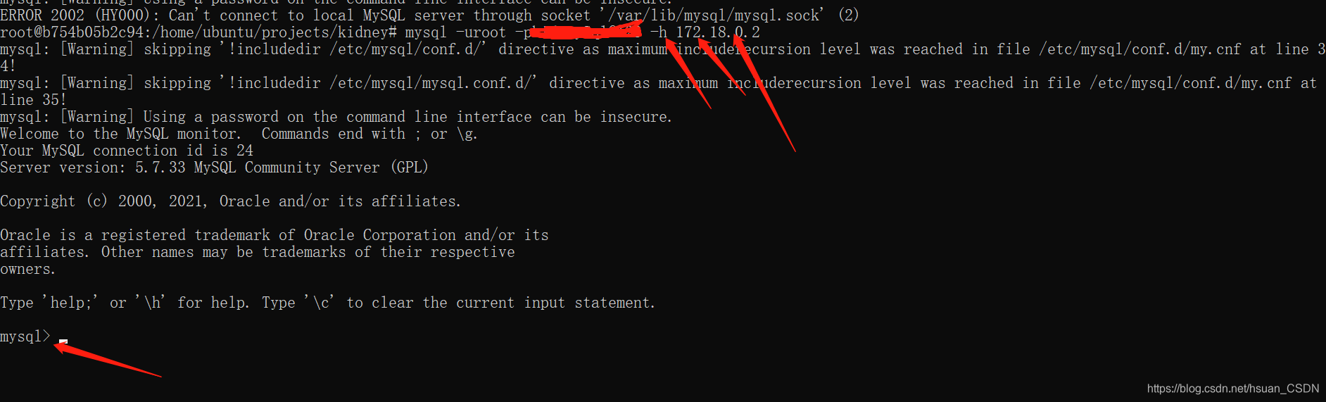 在docker中登录mysql报Can‘t connect to local MySQL server through socket ‘/var/lib/mysql/mysql.sock ...