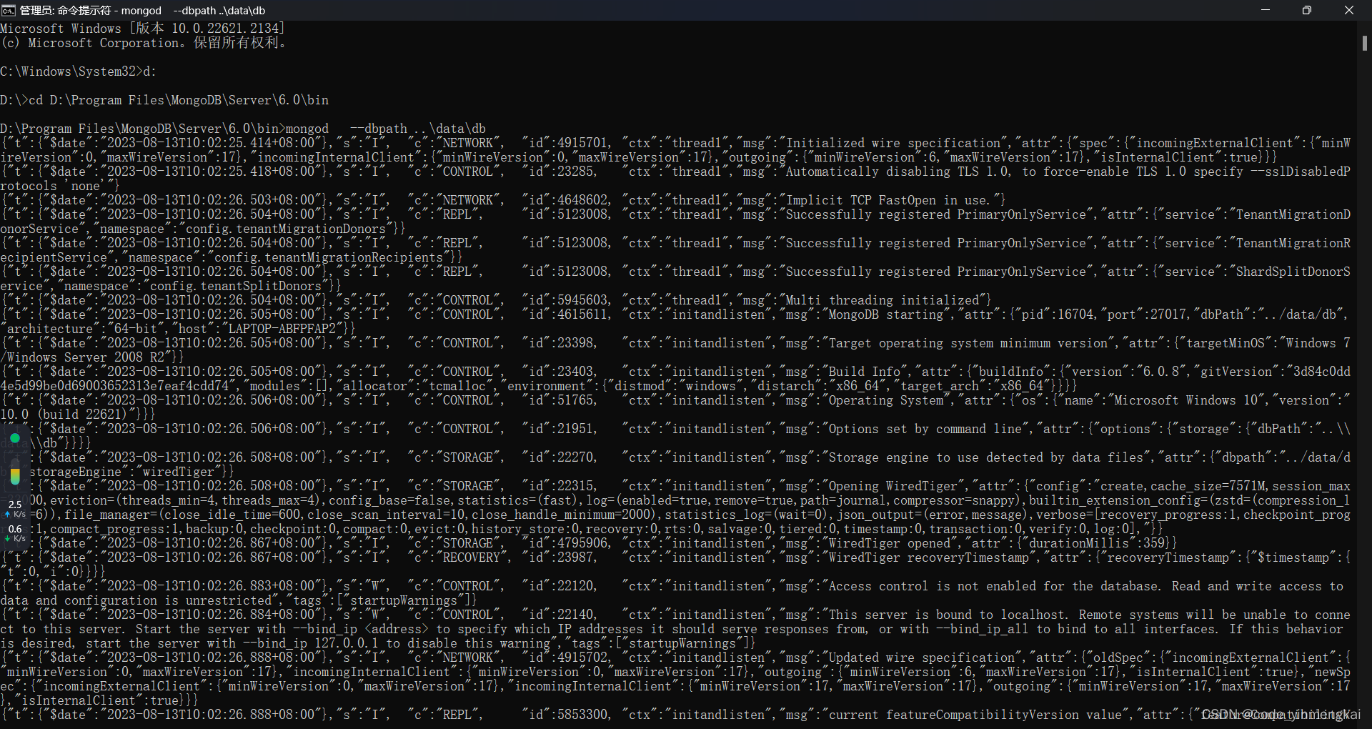 在Windows中安装MongoDB 6.0，并解决安装后无法在cmd启动（mongo不是内部或外部命令）_mongo 6.0 服务器启动不了 ...