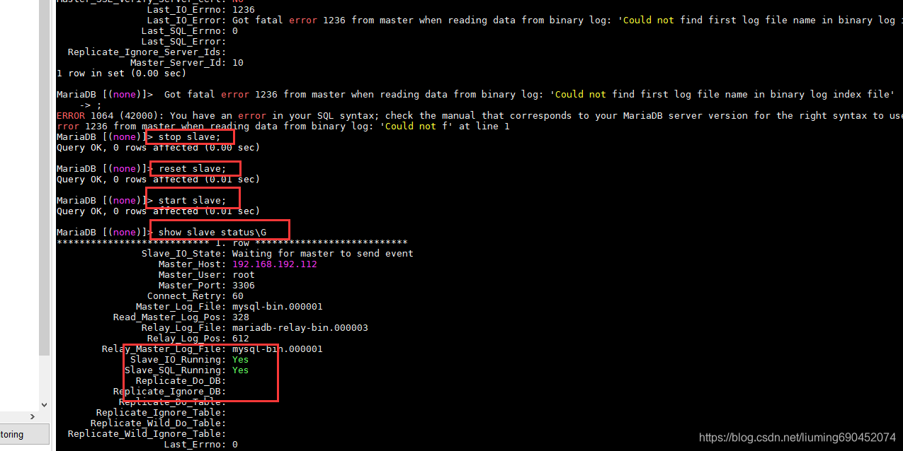 mysql Slave_IO_Running master when reading data from binary log: ‘Could not find first log file ...
