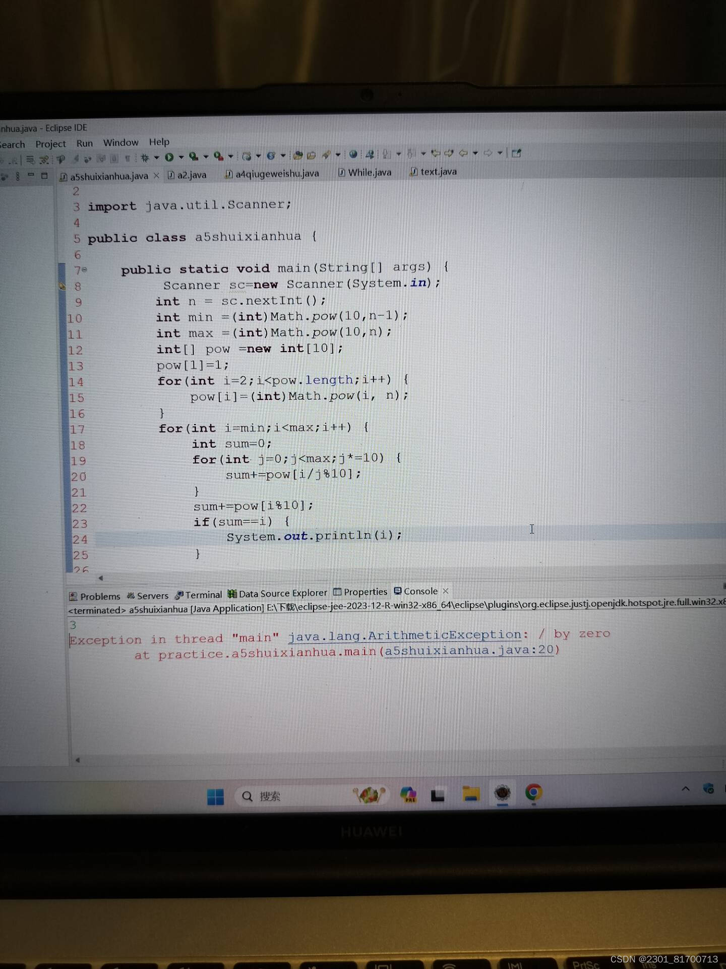 任意输入整数n[3,7],用jv函数求所有n位数中的水仙花数。 如：n=3时,153就是水仙花数 153=1的3次幂 + 5的3次幂 + 3的3次幂 Java中x的n次幂: Math.pow ...