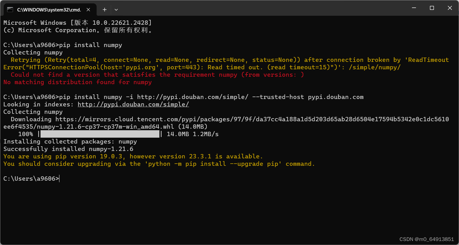 error： Could not find a version that satisfies the requirement numpy (from versions: )No ...