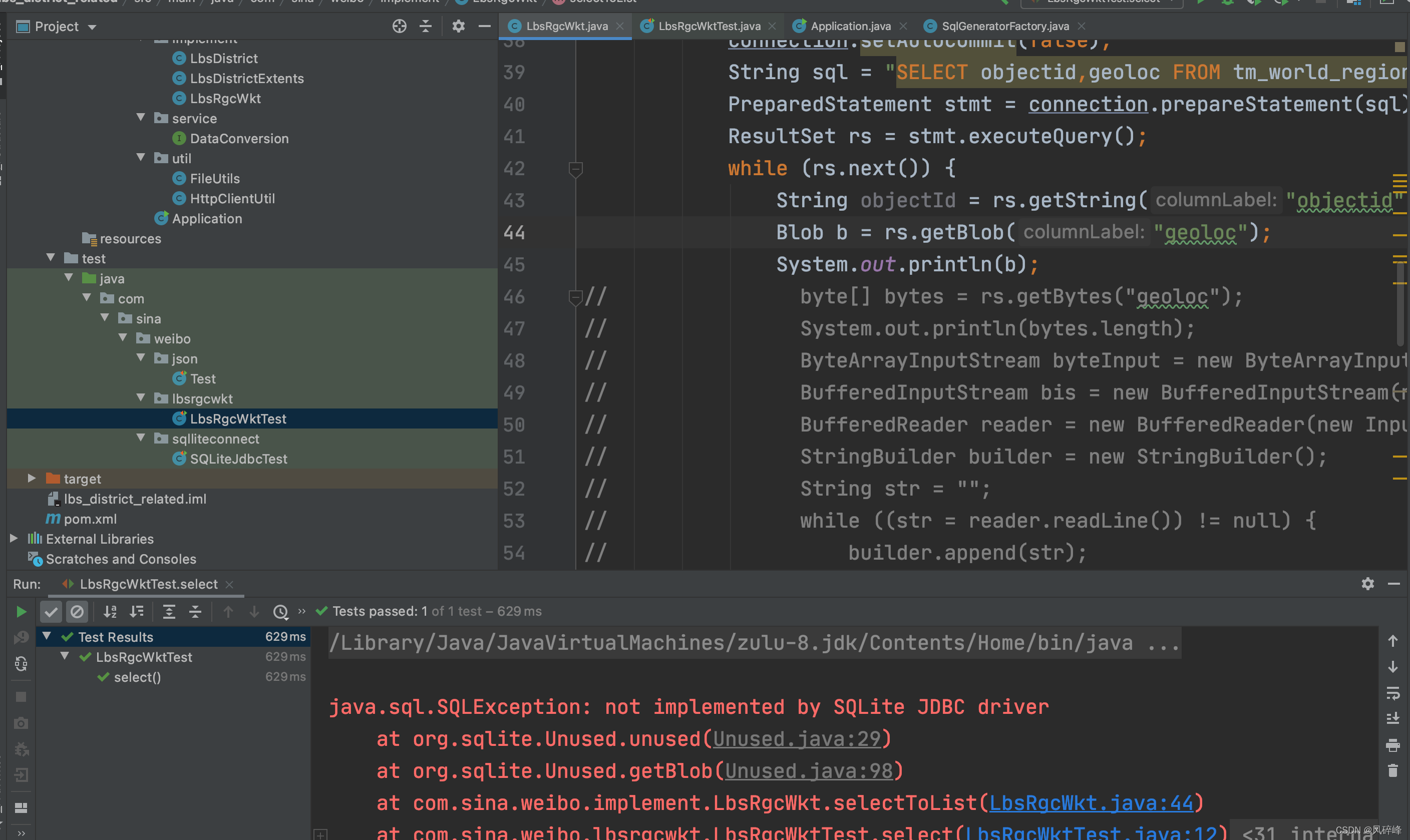 Java从sqlite库的表中读取blob类型数据，并使用geomfromtext（）函数将数据存入mysql表的wkt字段，类型为