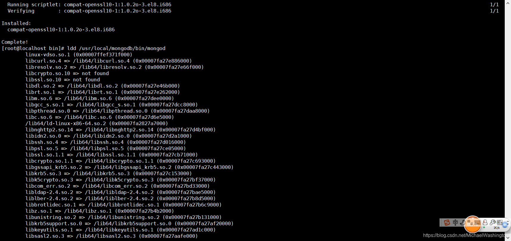 安装MongoDB成功，启动的时候提示找不到共享库文件libcrypto.so.10-CSDN博客