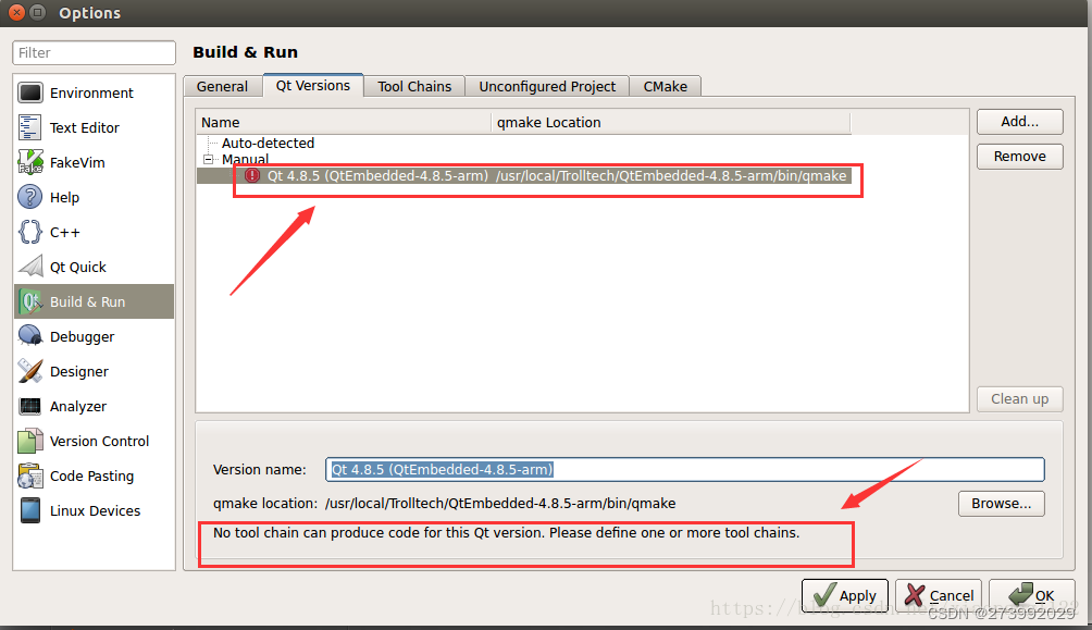 ARM_QT环境问题（No tools chain can produce code for this qt version please define one or more tool ...
