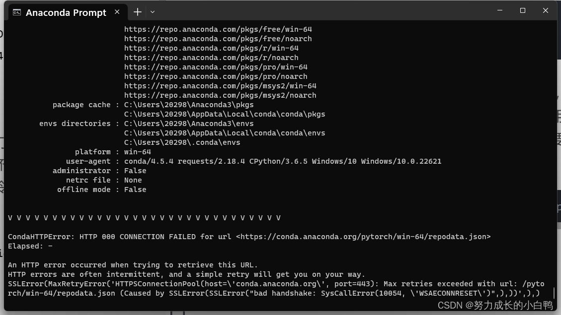 CondaHTTPError: HTTP 000 CONNECTION FAILED for url ＜https://conda.anaconda.org/pytorch/win-64 ...