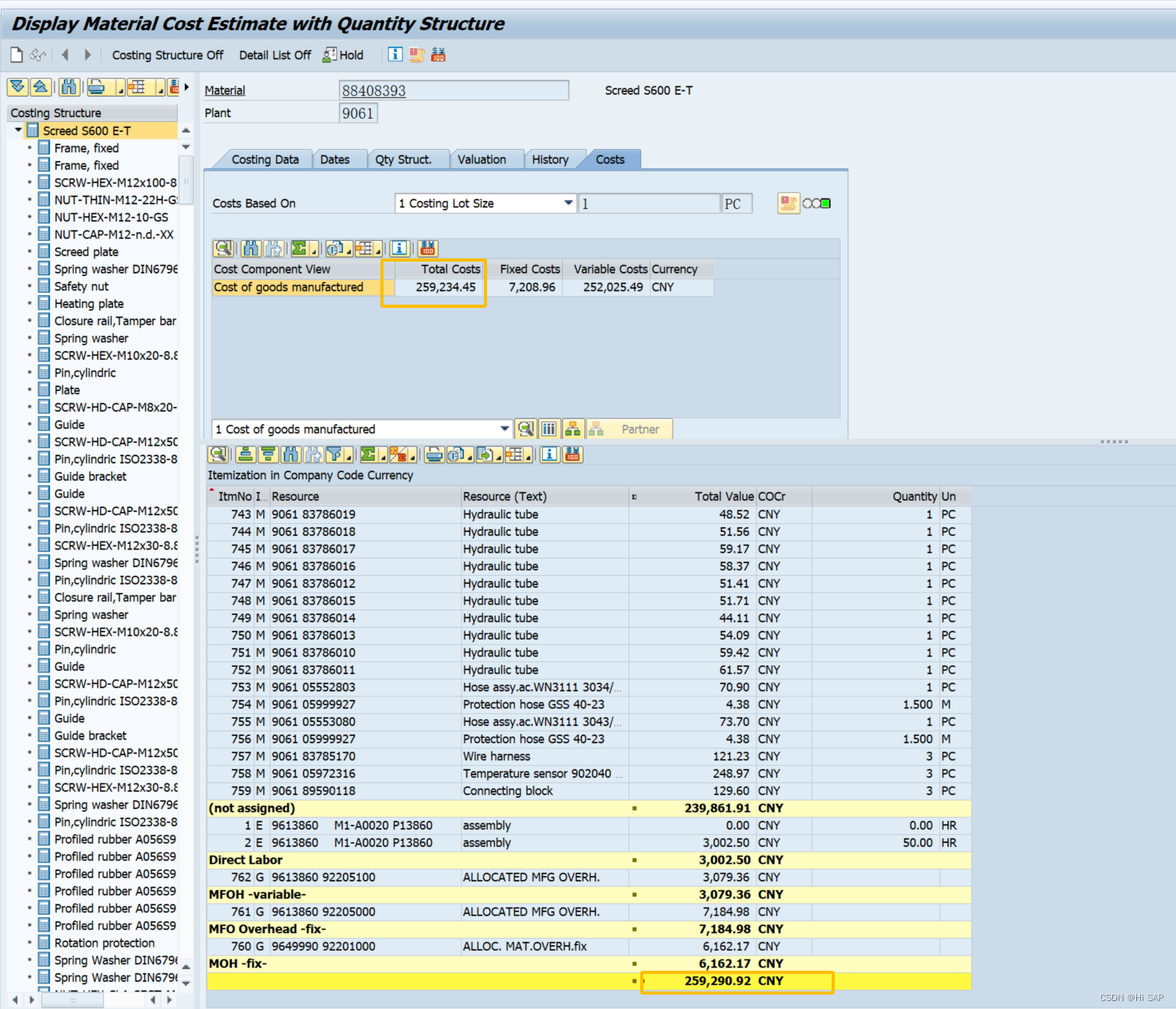 SAP CK13N Message CK869: itemization does not match cost component ...