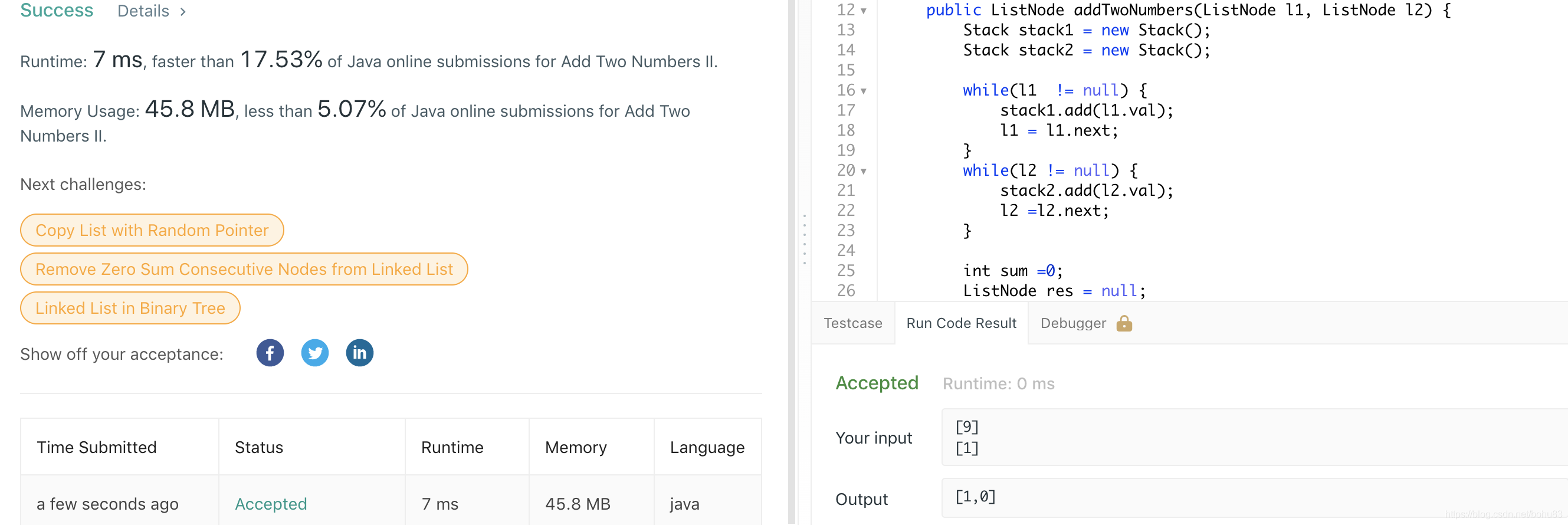 面试题 leetcode 445. Add Two Numbers II-CSDN博客
