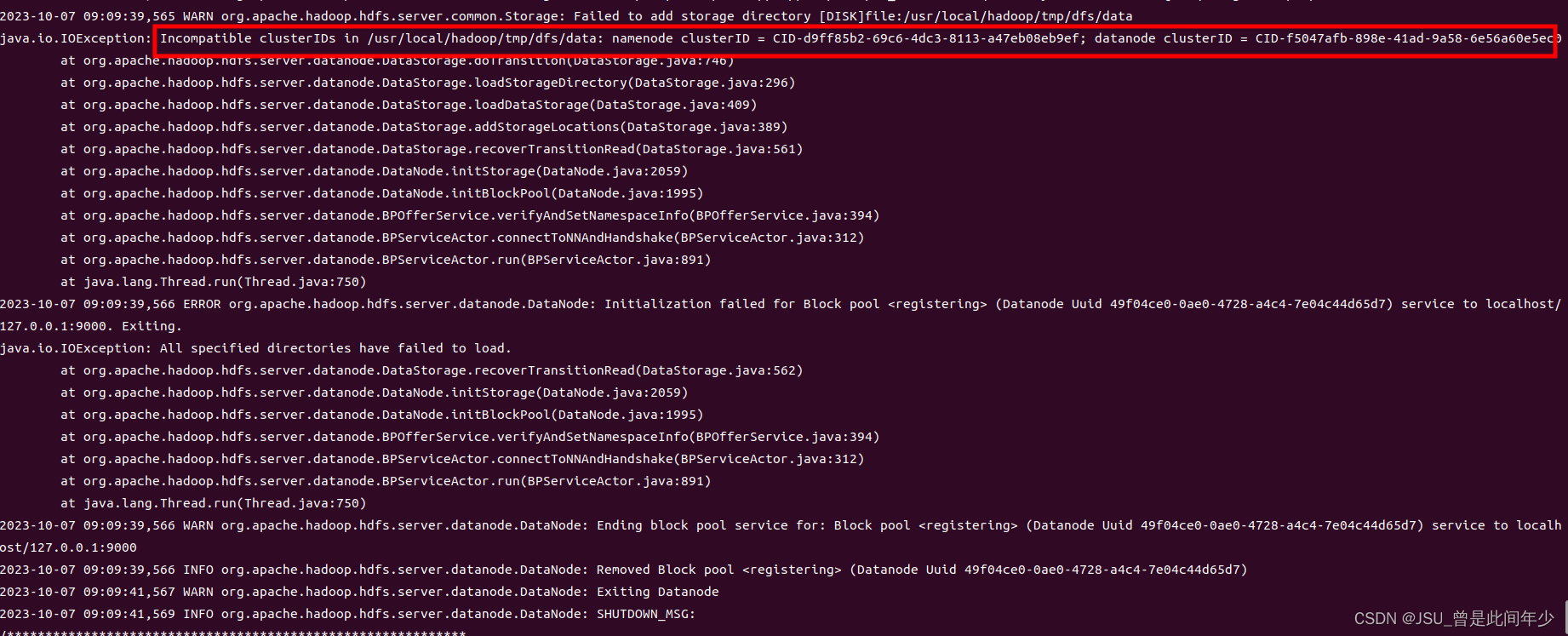 hadoop报错java.io.IOException: Incompatible clusterIDs in /usr/local/hadoop/tmp/dfs/data: namenode ...