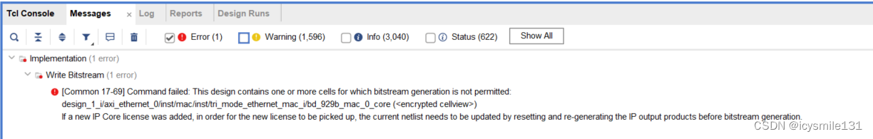 [Common 17-69] Command failed: This design contains one or more cells for which bitstream ...