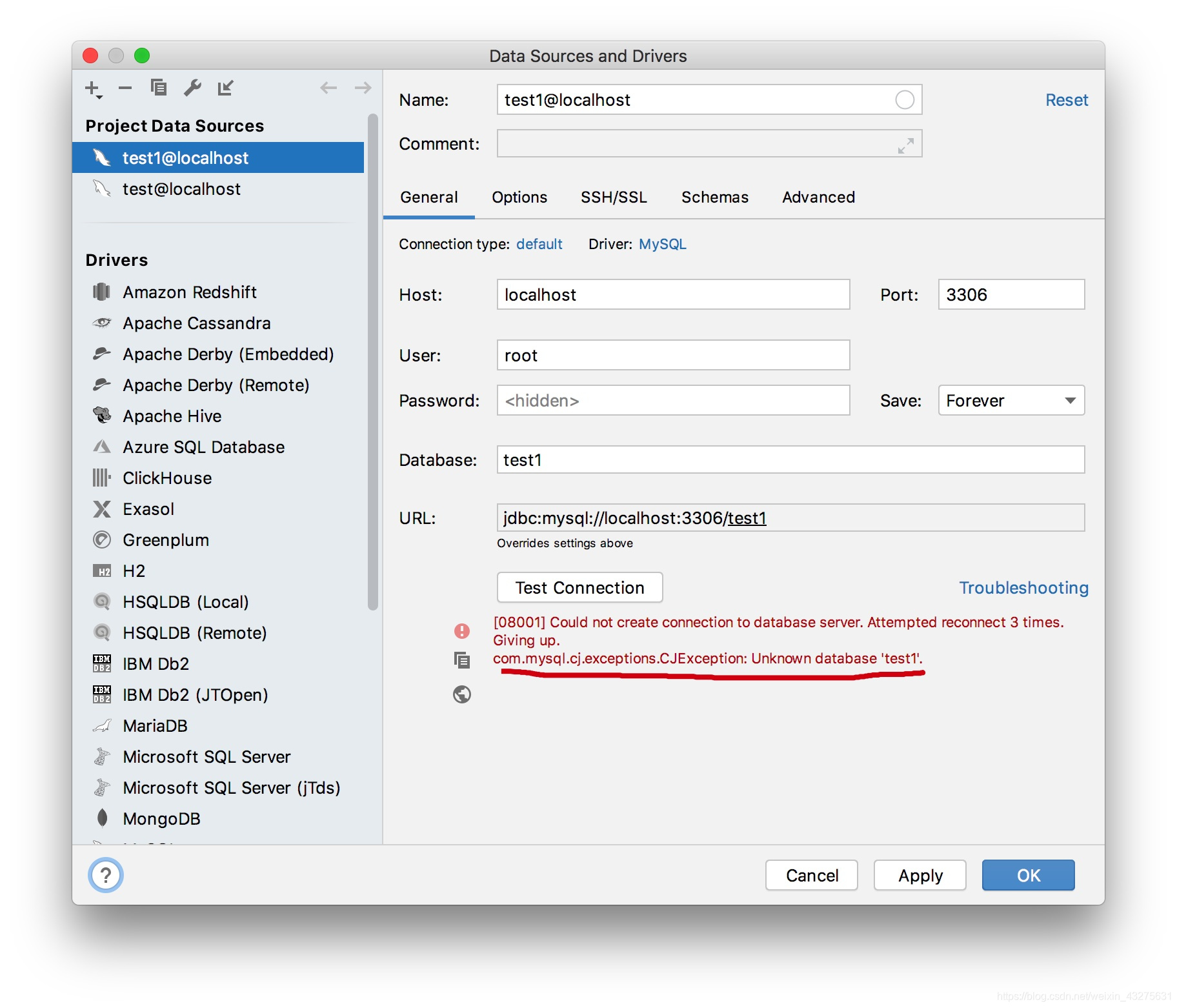 Mac中用idea中连接mysql出现错误：com.mysql.cj.exceptions.CJException: Unknown database ‘***‘_caused by: com ...