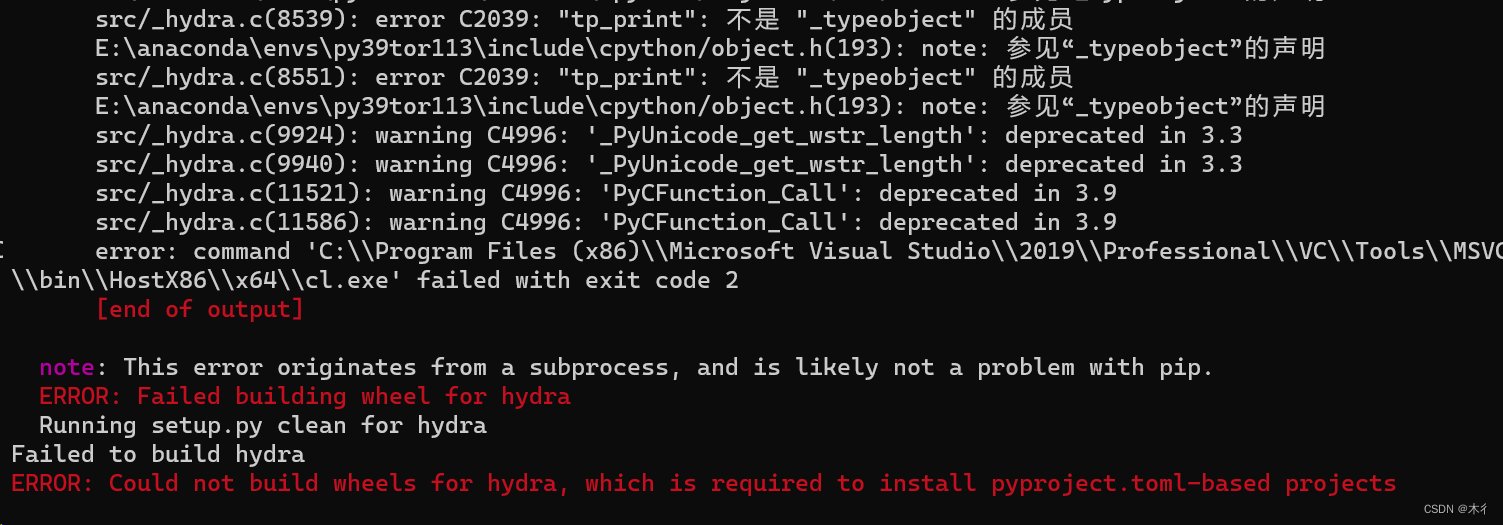 ERROR: Could not build wheels for hydra, which is required to install ...
