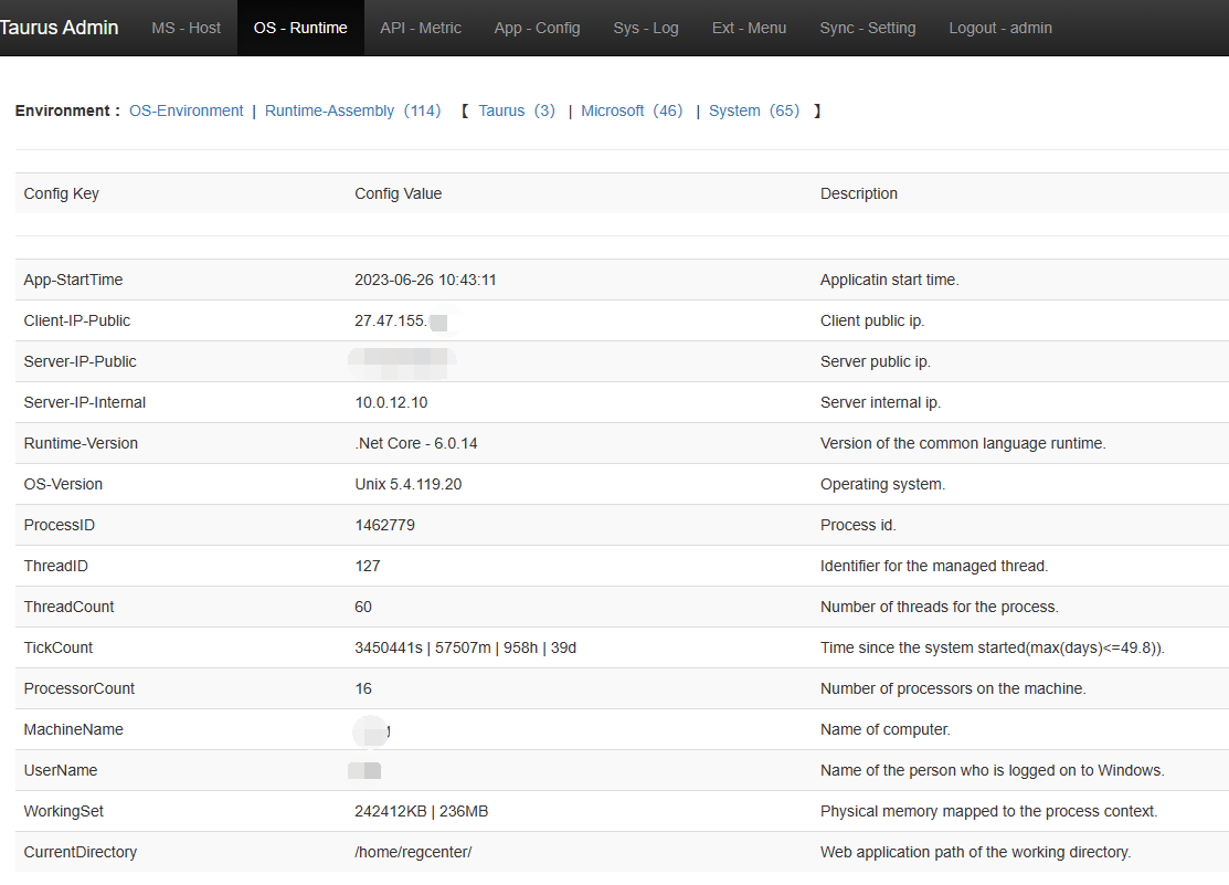 Taurus .Net Core 微服务开源框架：Admin 插件【2】 - 系统环境信息管理 - 【OS、Assembly】_taurus.mvc-CSDN博客