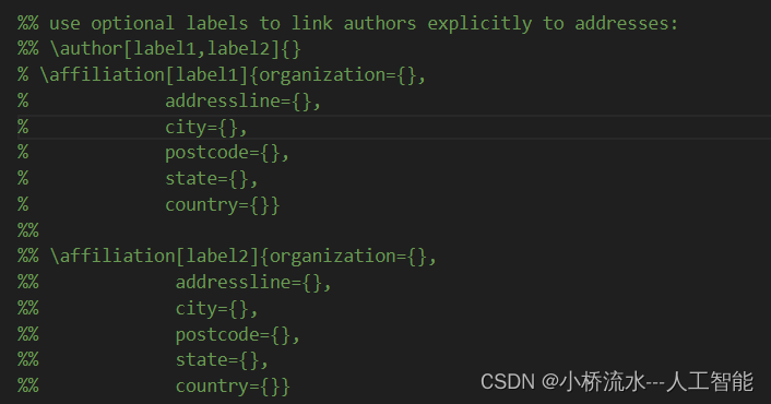 在latex中\affiliation[label1]{organization={}, addressline={}, city ...