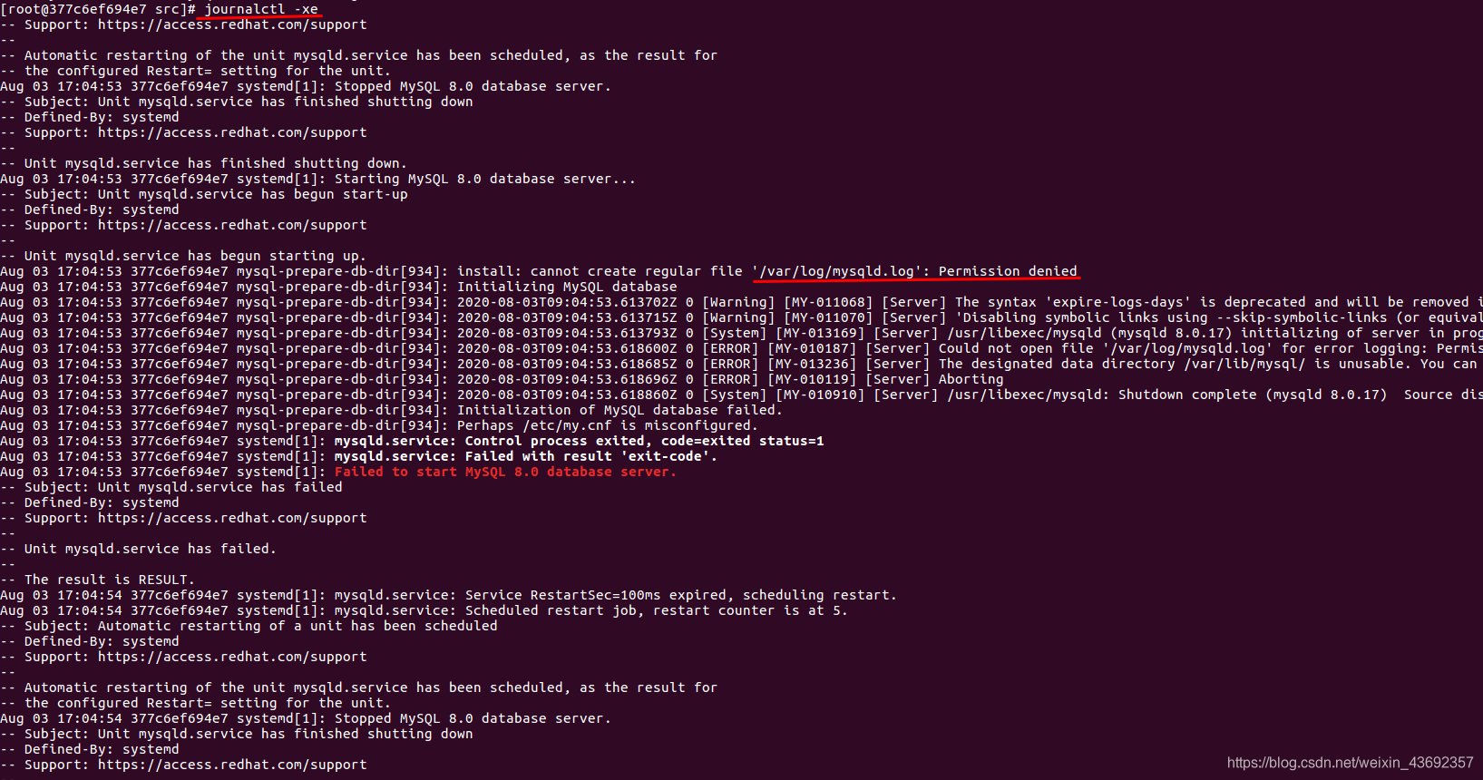 See “systemctl status mysqld.service“ and “journalctl -xe“ for details._see "systemctl status ...