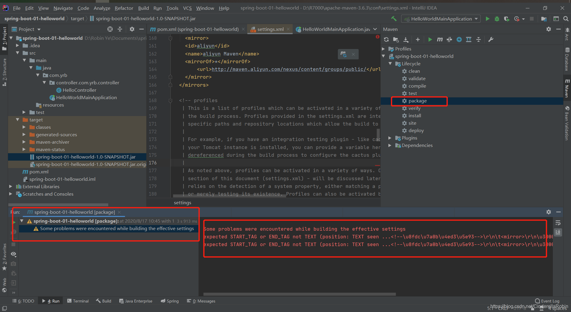 Maven打包运行时报错expected START_TAG or END_TAG not TEXT_some problems were encountered while building ...