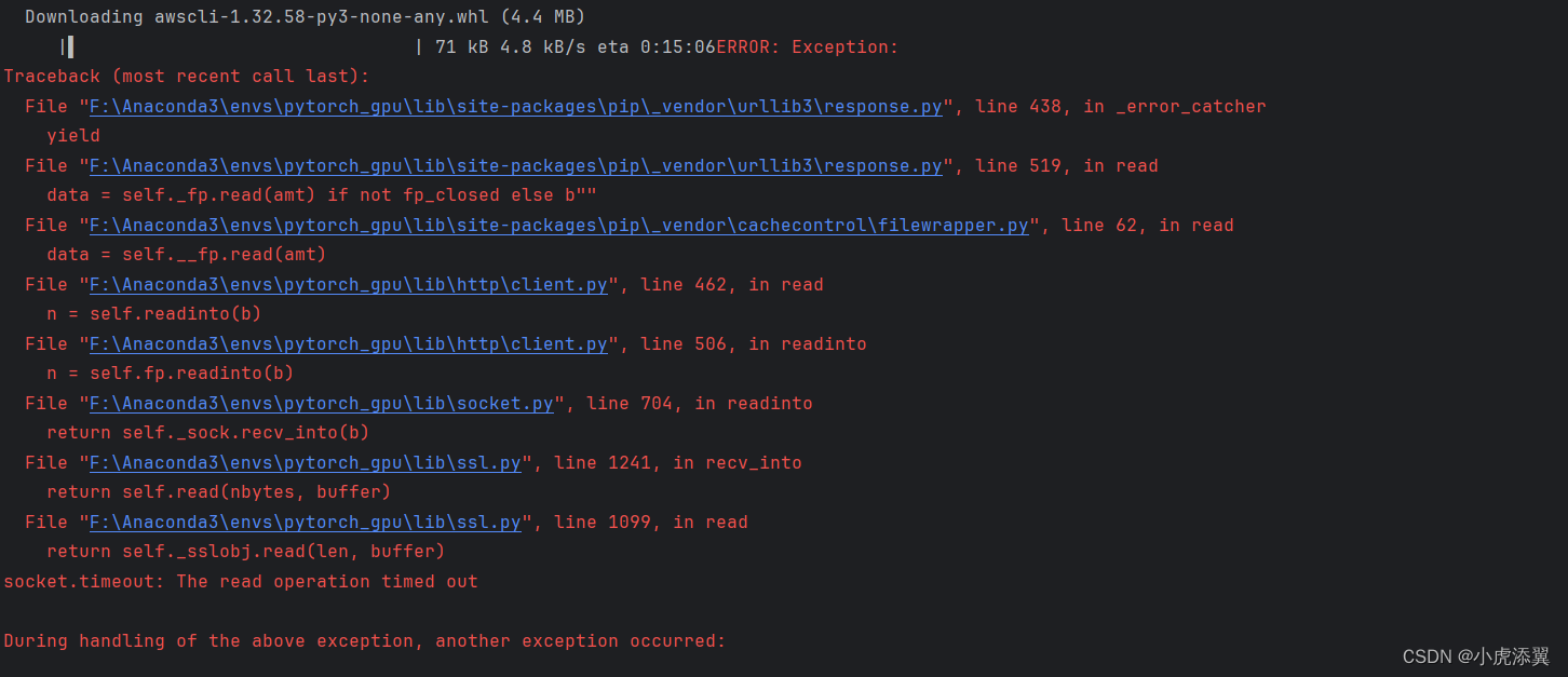 ERROR: Exception: Traceback (most recent call last)，pip install 包time out，网络不好超时失败，解决方法_pip ...