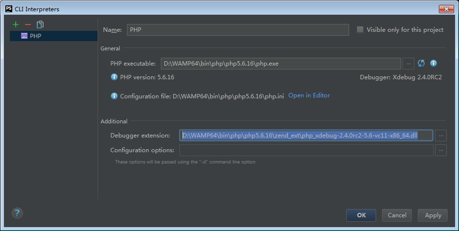 PhpStorm和WAMP配置调试参数，问题描述Error. Interpreter is not specified or invalid. Press “Fix” to edit your ...