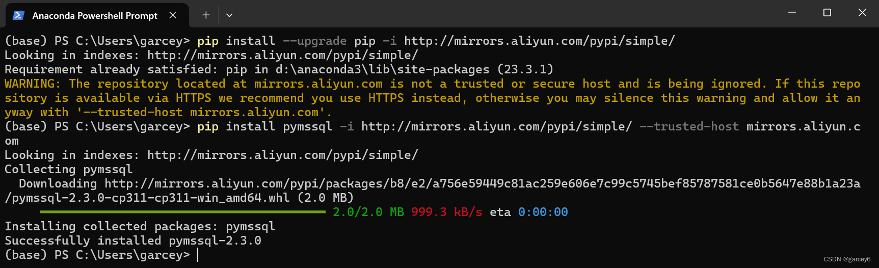 anaconda连接国内镜像WARNING: The repository located at mirrors.aliyun.com is not a trusted or secure ...