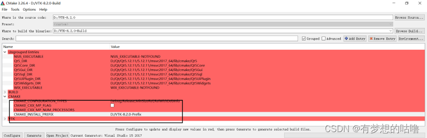 关于在vtk编译过程中，如何生成include、lib文件，需要在使用camke的组中勾选CMAKE_INSTALL_PREFIX，并设置相应的路径，设置如下图所示_vtk prefix无 ...