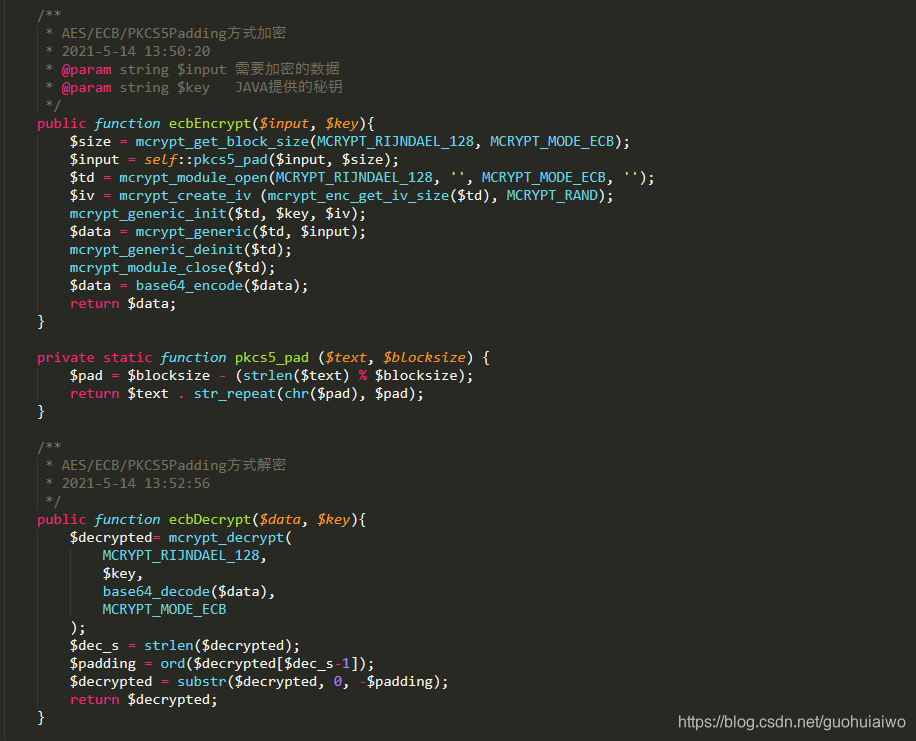 PHP对接JAVA, 过程使用AES/ECB/PKCS5Padding方式加密_php7.2 aes 128 cbc 加密 java pkcs-CSDN博客