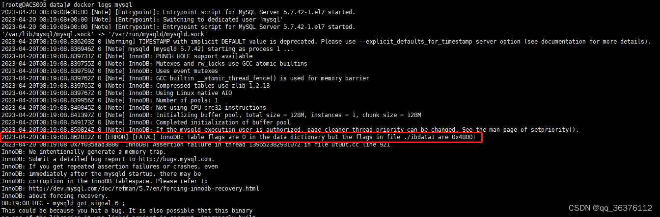 Docker安装mysql 报错 InnoDB: Table flags are 0 in the data dictionary but the flags in file_[fatal ...
