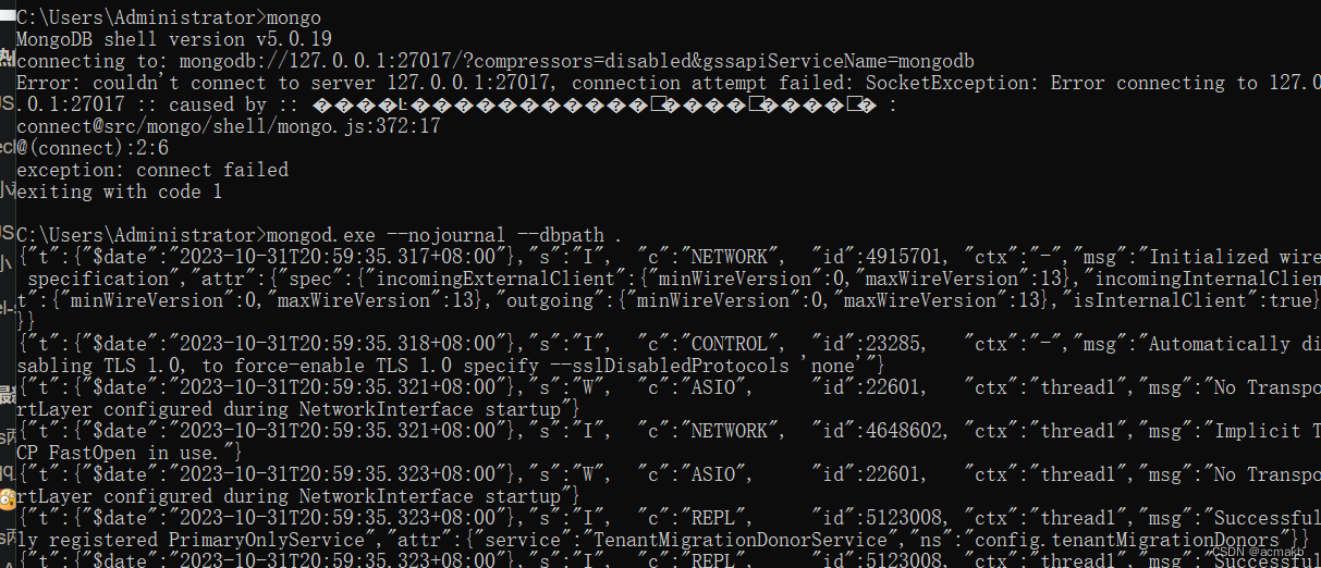 MongoDB5.0.19连接错误解决方案：禁用日志与重新启动命令行,-CSDN博客
