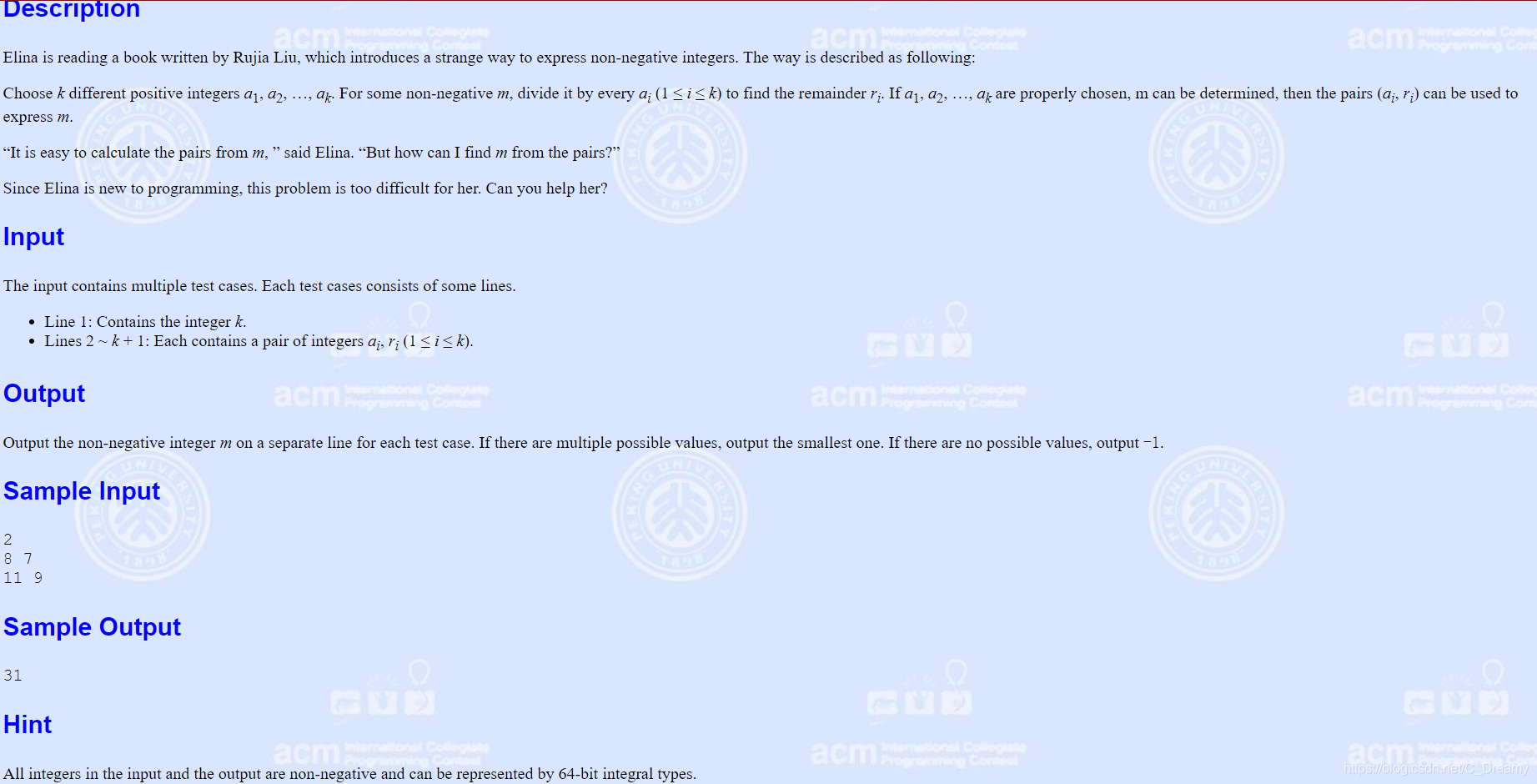 POJ 2891 Strange Way to Express Integers（中国剩余定理）-CSDN博客