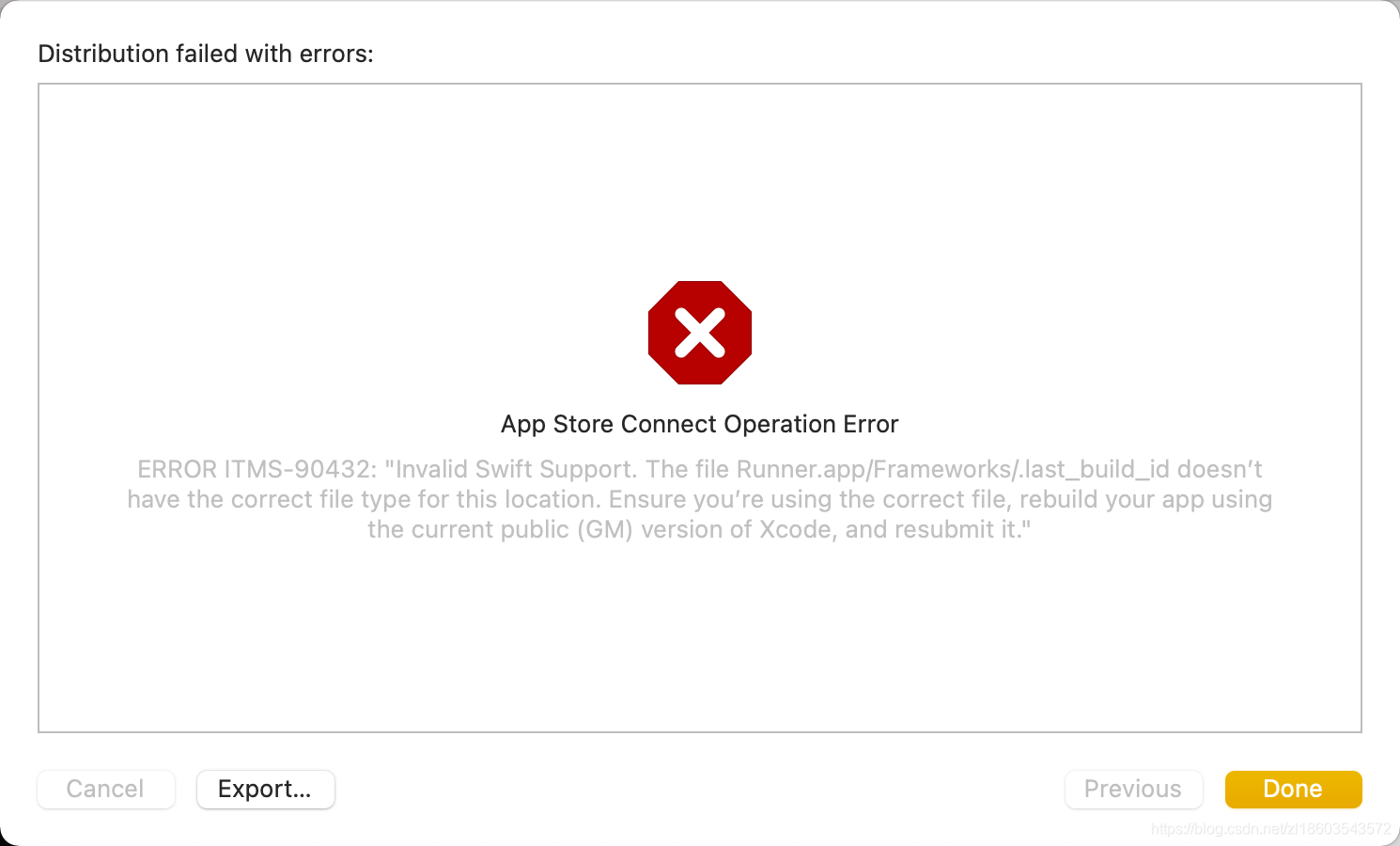 Flutter打包iOS上传 AppStore ERROR ITMS-90432: “Invalid Swift Support. The file Runner.app/Frameworks ...