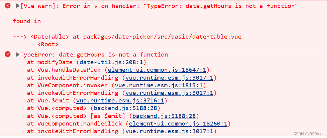 Error in v-on handler: “TypeError: date.getHours is not a function ...