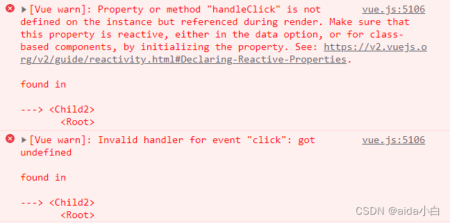 Vue报错记录之Property or method “handleClick“ is not defined on the instance but referenced during ...