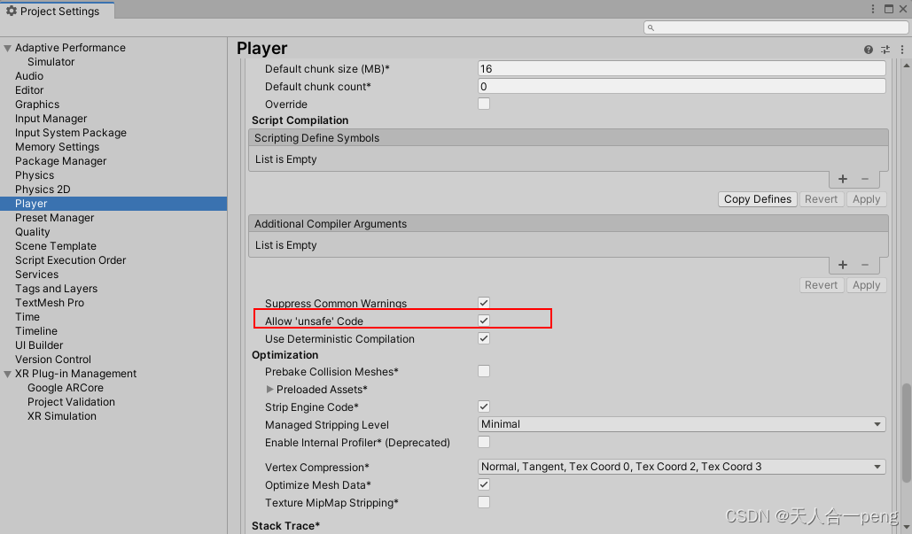 Unsafe code may only appear if compiling with /unsafe. Enable “Allow ‘unsafe‘ code“ in Player ...