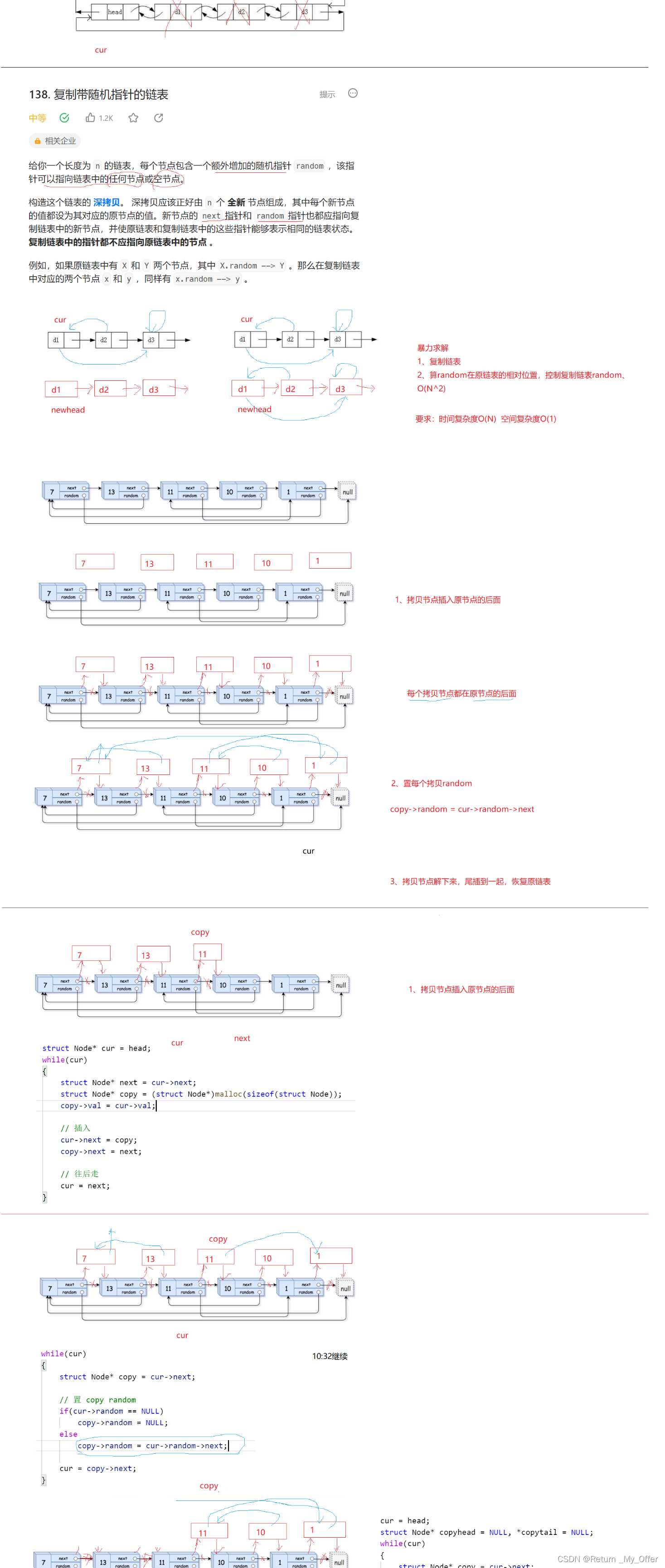 【leetcode刷题(数据结构)】:给定一个链表 每个节点包含一个额外增加的随机指针 该指针可以指向链表中的任何节点或空节点 要求返回这个链