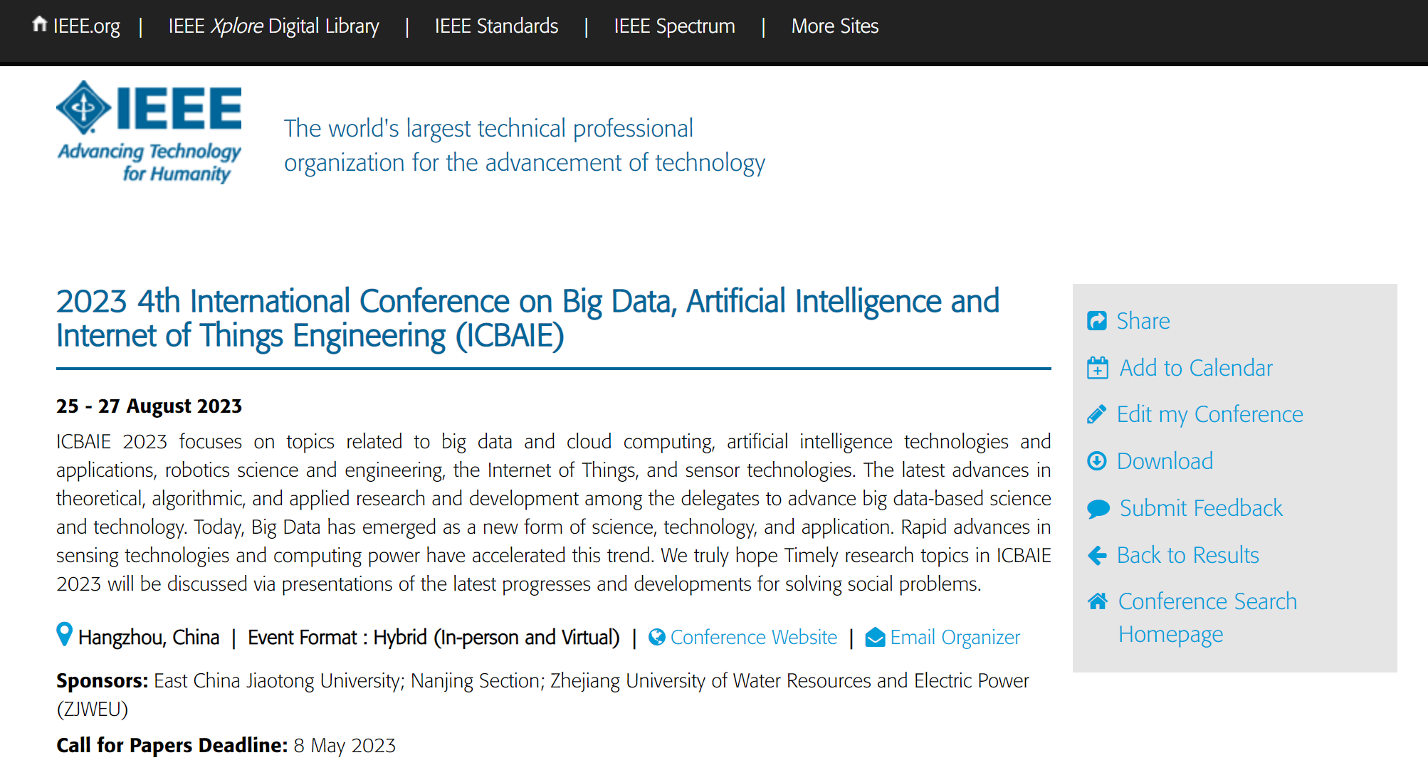 【计算机领域|华东交通大学、浙江水利水电学院主办|IEEE Xplore, EI, SCOPUS检索|往届已见刊检索】第四届IEEE大数据、人工智能与物联网工程国际会议（ICBAIE 2023 ...