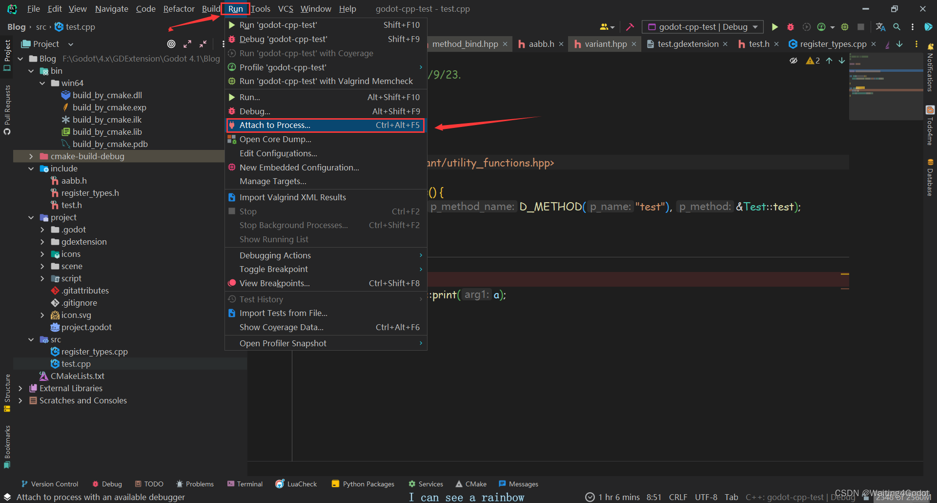 使用 CMake 构建 GDExtension 并在 CLion 中调试代码_clion attach process-CSDN博客