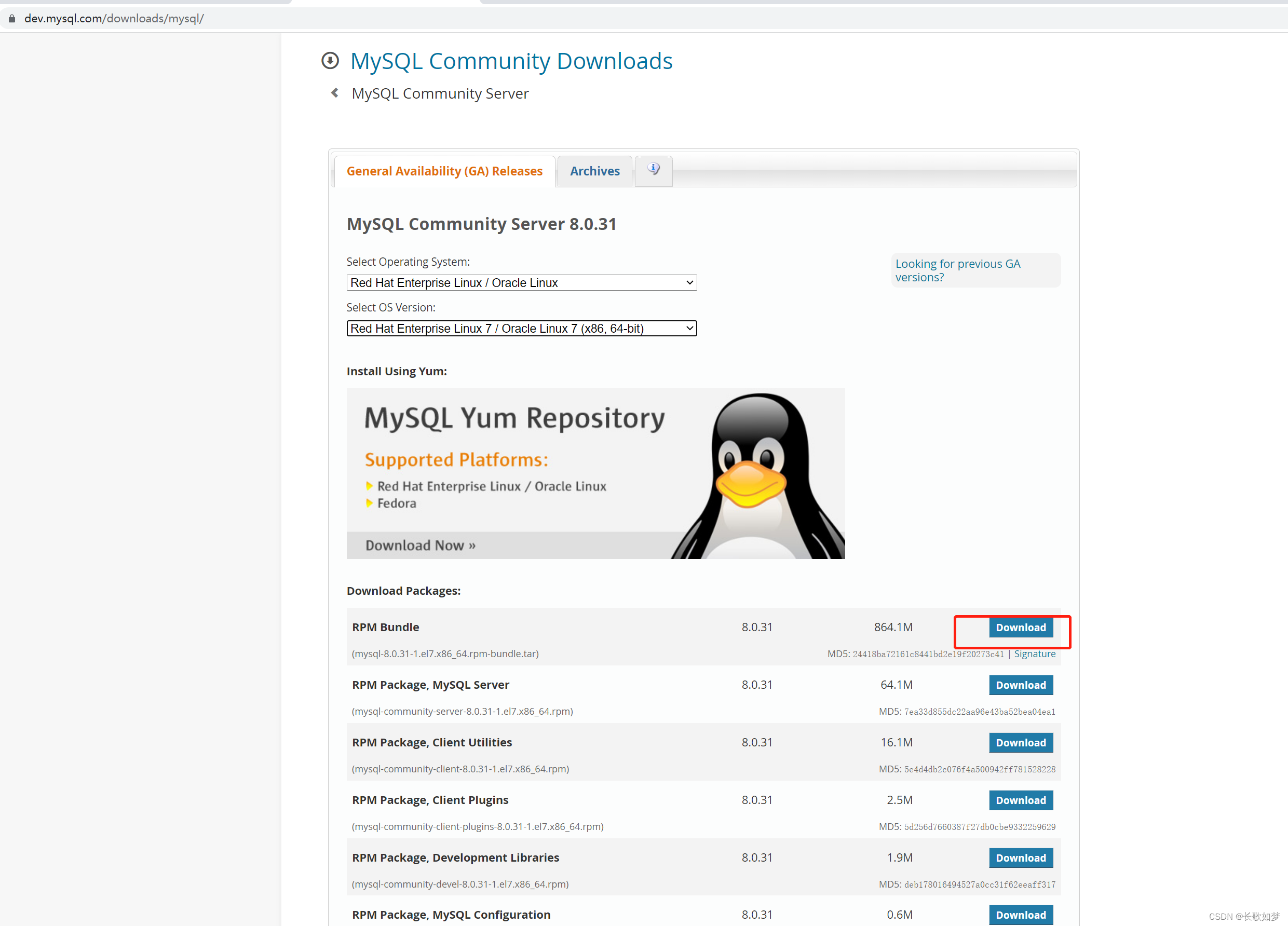 CentOS 7安装mysql 8.0.31 (官网rpm方式)_mysql 8.0 generic rpm-bundle下载-CSDN博客
