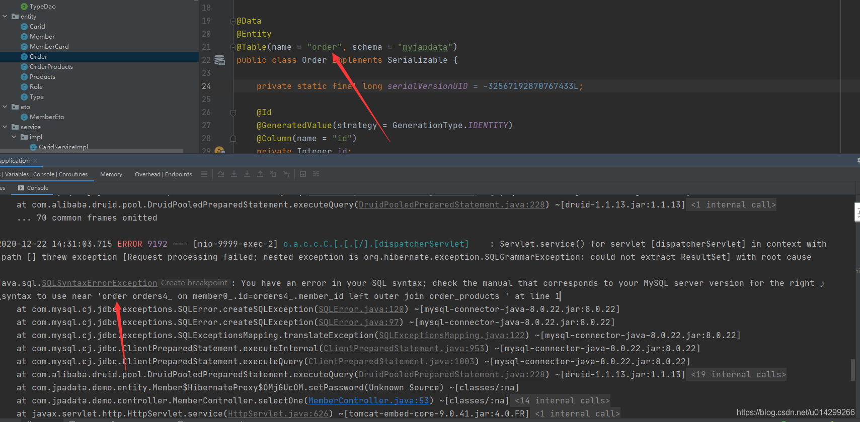 jpa生成查询语句遇到sql关键字报错问题：java.sql.SQLSyntaxErrorException: You have an ...