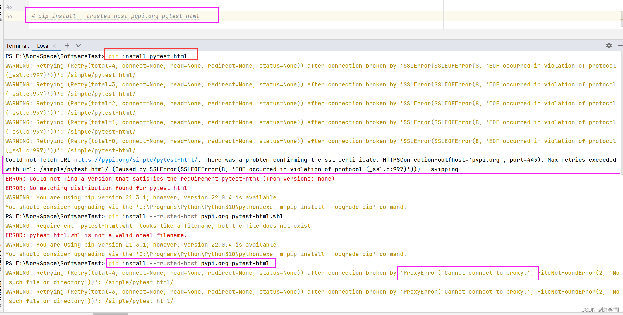 There was a problem confirming the ssl certificate: HTTPSConnectionPool(host=‘pypi.org‘, port ...