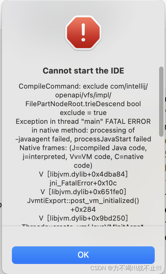 mac安装idea2024.1.1后打开软件报错：CompileCommand: exclude com/intellij/openapi/vfs/impl/FilePartNodeRoot ...