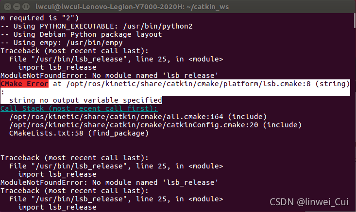 CMake Error at /opt/ros/kinetic/share/catkin/cmake/platform/lsb.cmake:8 (string): string no ...