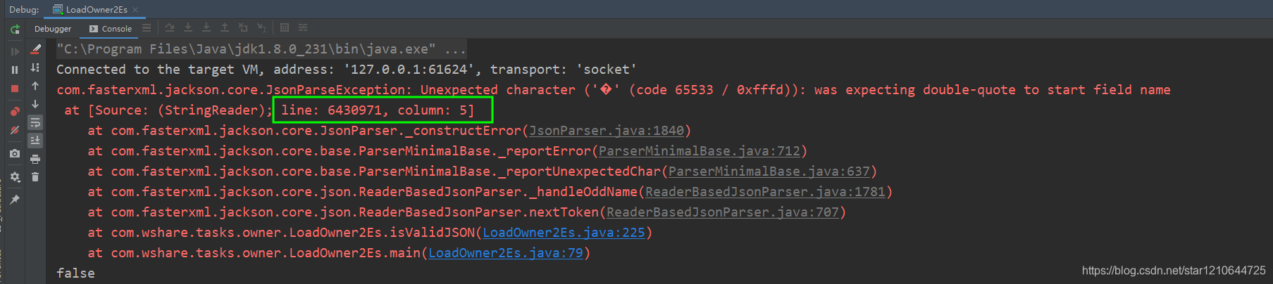 com.alibaba.fastjson.JSONException: expect ‘:‘ at 224501035, actual “_exception in thread "main ...