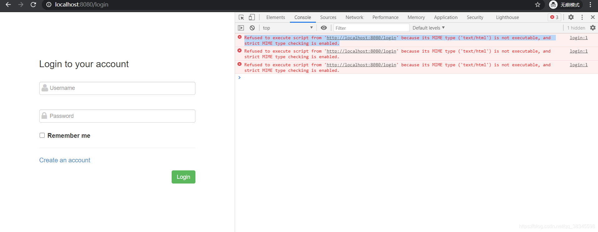 Refused to execute script from ‘http://localhost:8080/login‘ because its MIME type (‘text/html ...