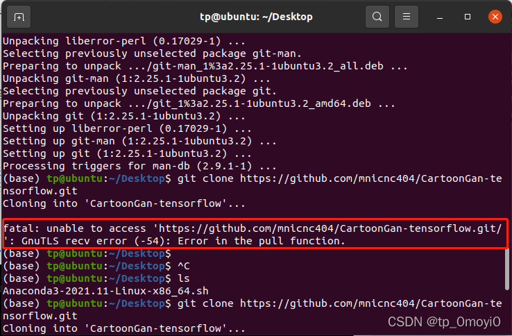 fatal: unable to access ‘https://github.com/mnicnc404/CartoonGan-tensorflow.git/‘: GnuTLS recv ...