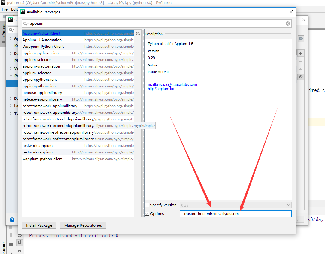 pycharm安装appium，通过国内的镜像源安装python包，注意每次都要添加信任选项 --trusted-host mirrors.aliyun.com...-CSDN博客