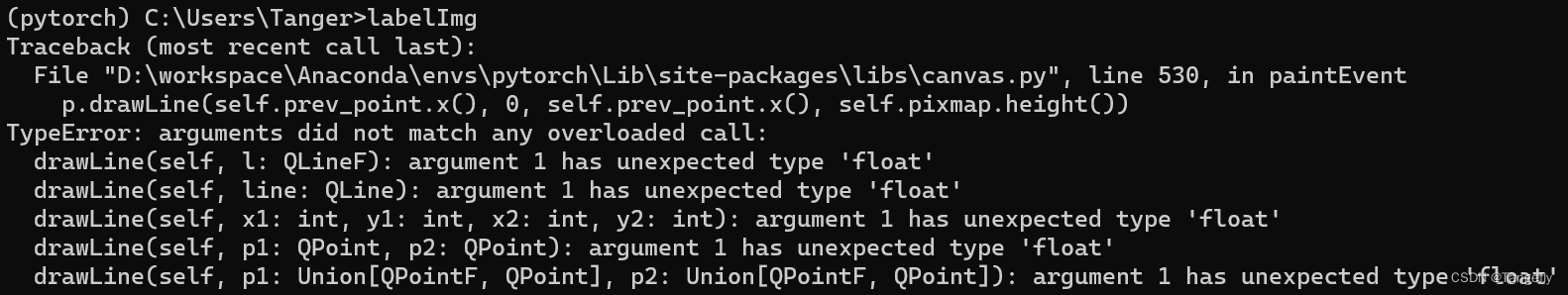使用labelimg框图闪退报错(typeerror Arguments Did Not Match Any Overloaded Call