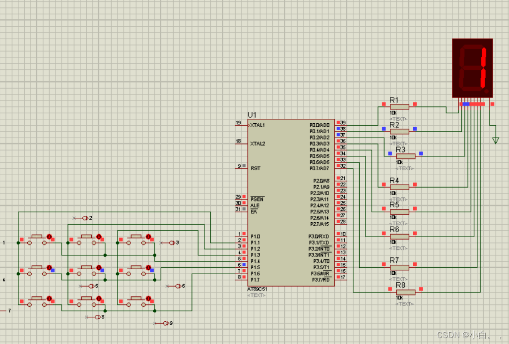 3x3矩阵按键显示，c，一个7段数码管_计 3*3 矩阵键盘的显示,分别对应数字 1-9,当按下某个 按键时,在数码管上显示-CSDN博客