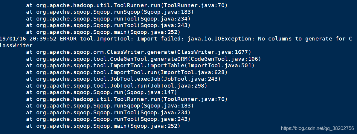 sqoop批量脚本导入报错ERROR tool.ImportTool: Import failed: java.io.IOException: No columns to generate ...