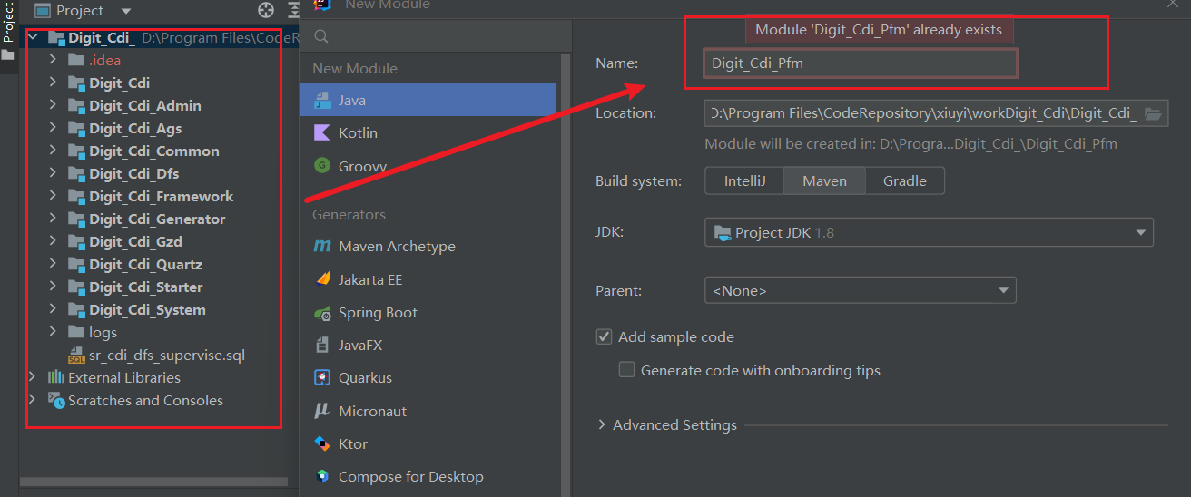 删除之前模块，再次在同一路径上新建与之名字相同模块时，出现`already exists`问题_idea module already exists-CSDN博客