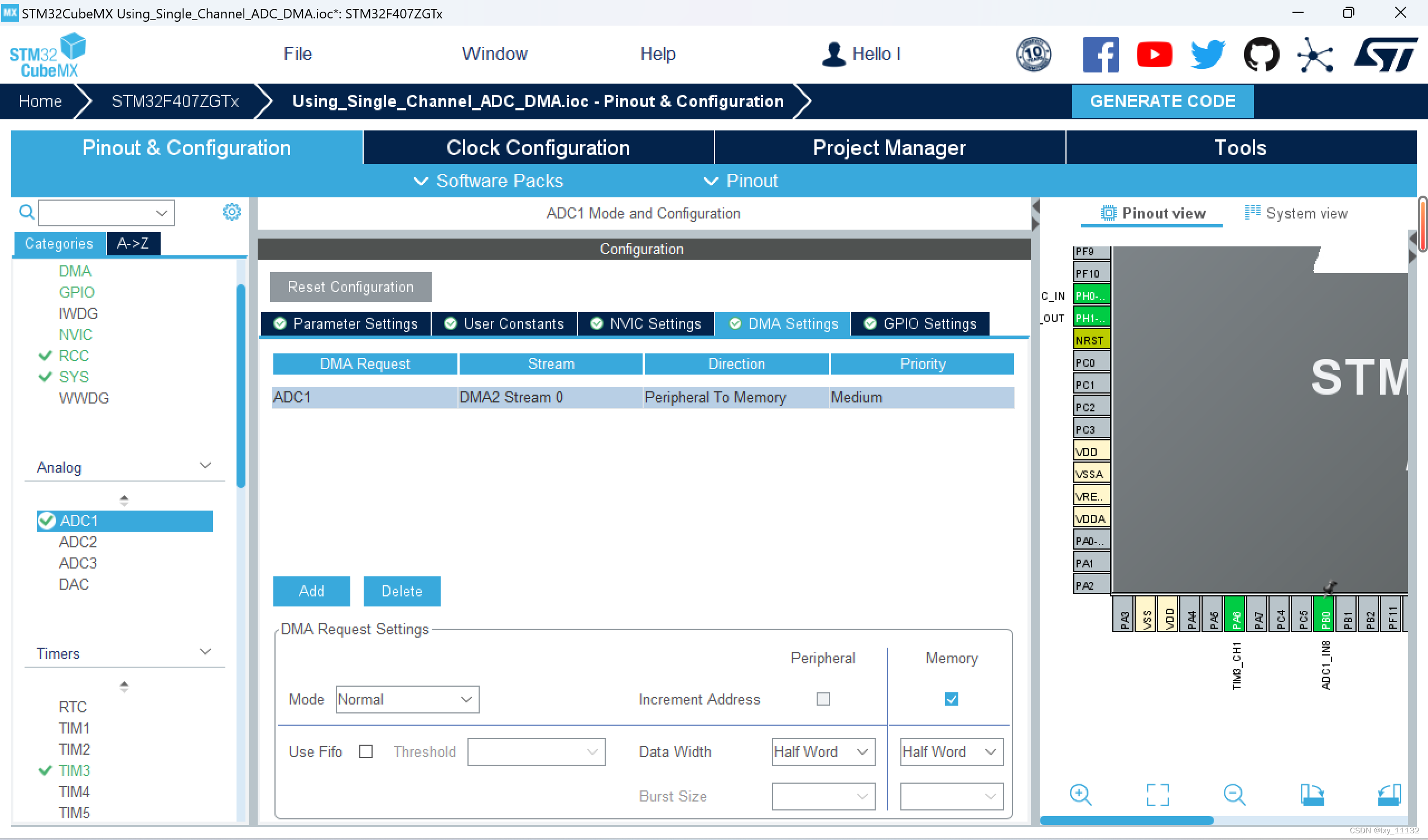STM32CubeMX+HAL TIM触发单通道ADC电压采样+DMA传输_cubemxadc dma采集电压-CSDN博客