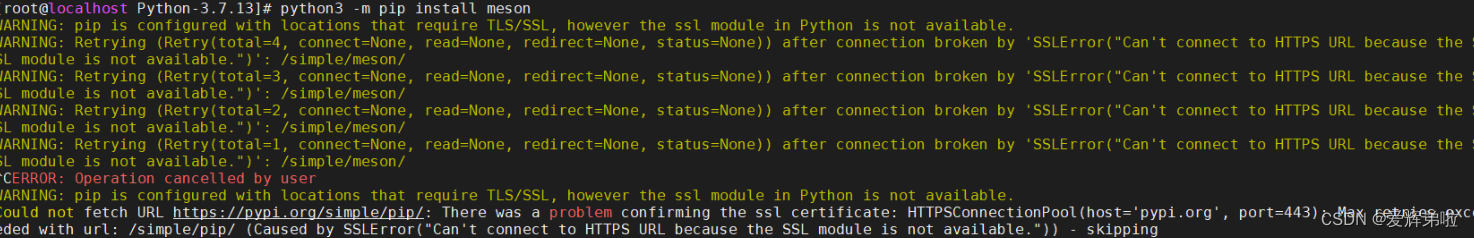 WARNING: pip is configured with locations that require TLS/SSL, however the ssl module in Python ...