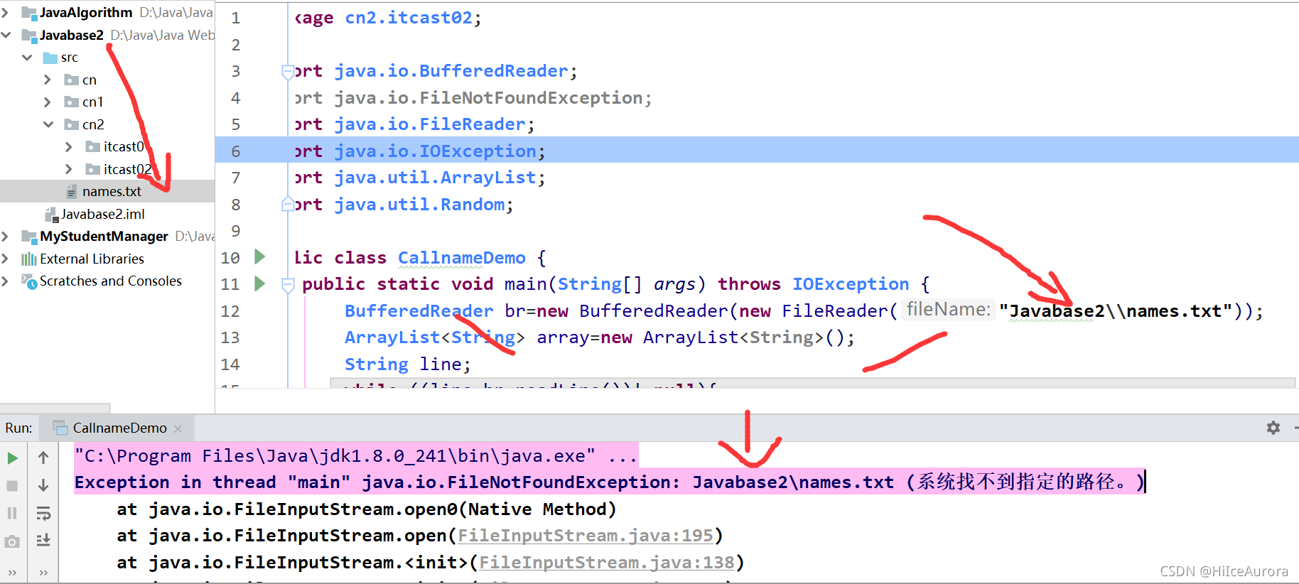 解决Exception in thread “main“ java.io.FileNotFoundException: Javabase2\names.txt (系统找不到指定的路径。)的问题 ...